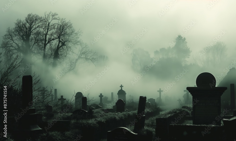 Creepy cemetery background with old tombstones and enveloping fog Stock ...