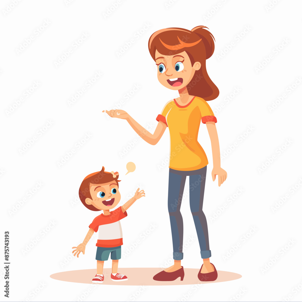 Mother listening to girl kid, telling, pointing with finger, asking for ...