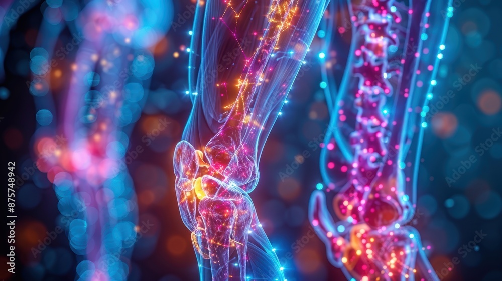 Colorful, detailed 3D illustration of human knee and leg bones with ...