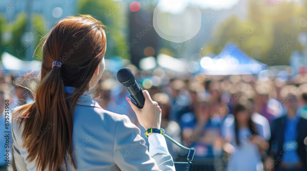 woman in suit holding microphone and speaking to a crowd of people at ...