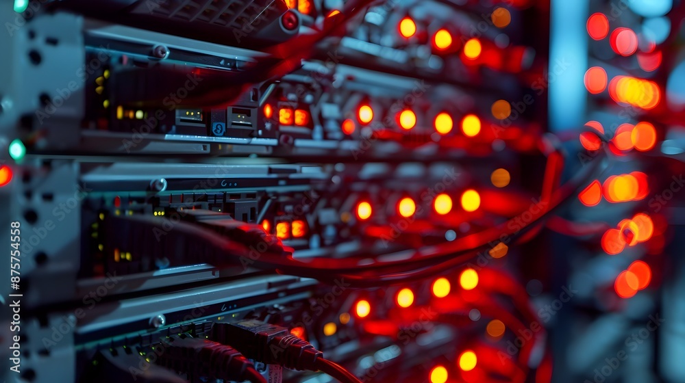 Stacked network switches and modems with intricate cabling pulsing red ...