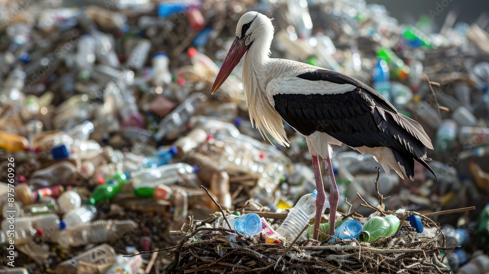 Stork nest littered with PET bottles and plastic debris, emphasizing ...