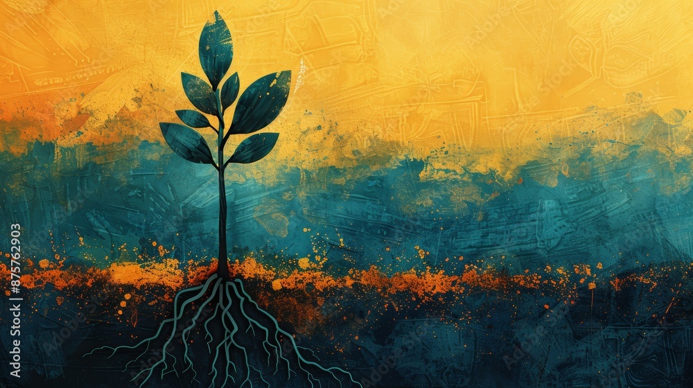 An abstract illustration of a seedling growing into a tree, with roots ...