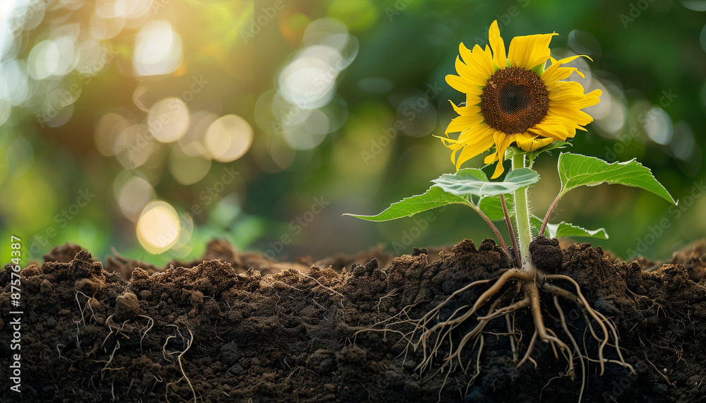 Roots of sunflower growing underground, layers of soil cross-section ...