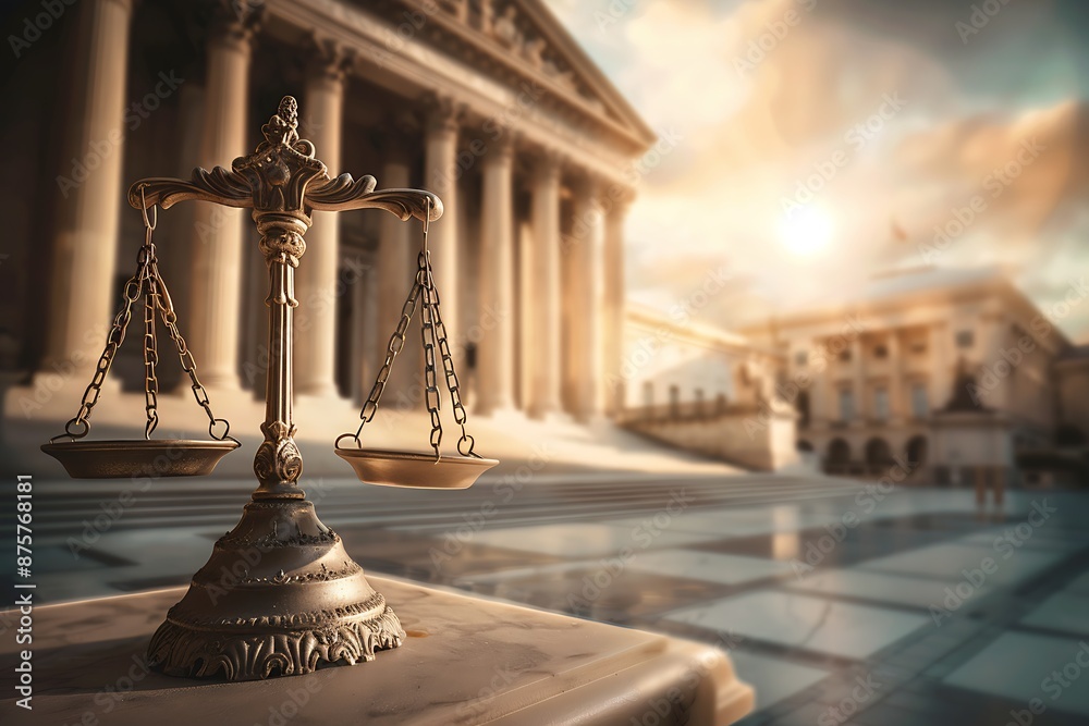 ancient scale of justice in golden light before a courthouse ...