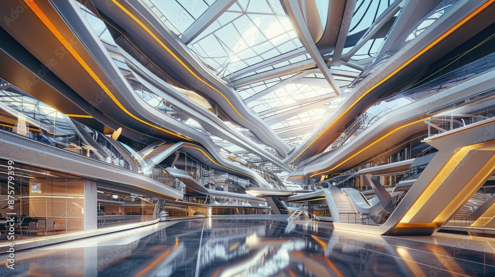 Architectural details of a futuristic convention center, with a faceted ...