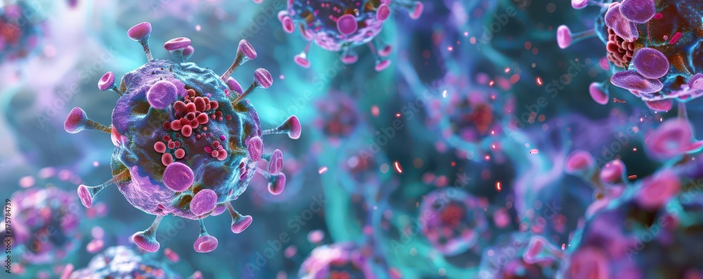 Microscopic view of macrophages engulfing virus particles, high ...