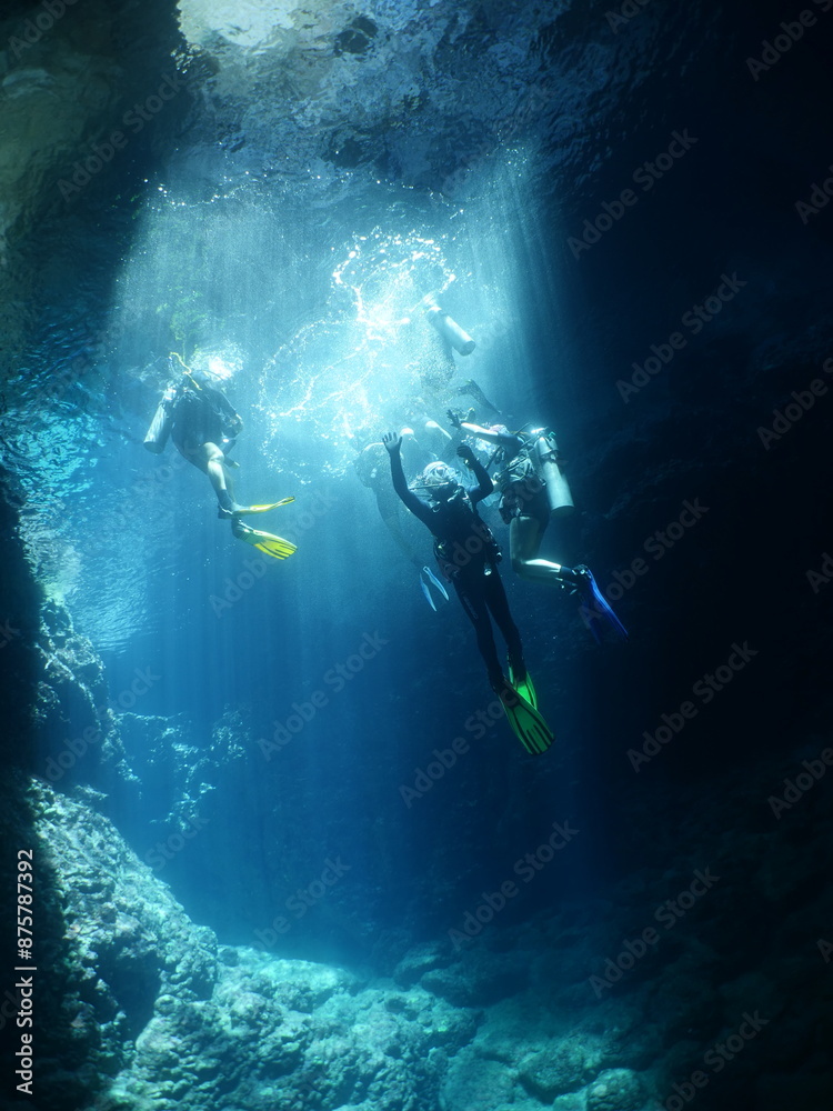 cave diving underwater ocean scenery sun beams and rays background ...