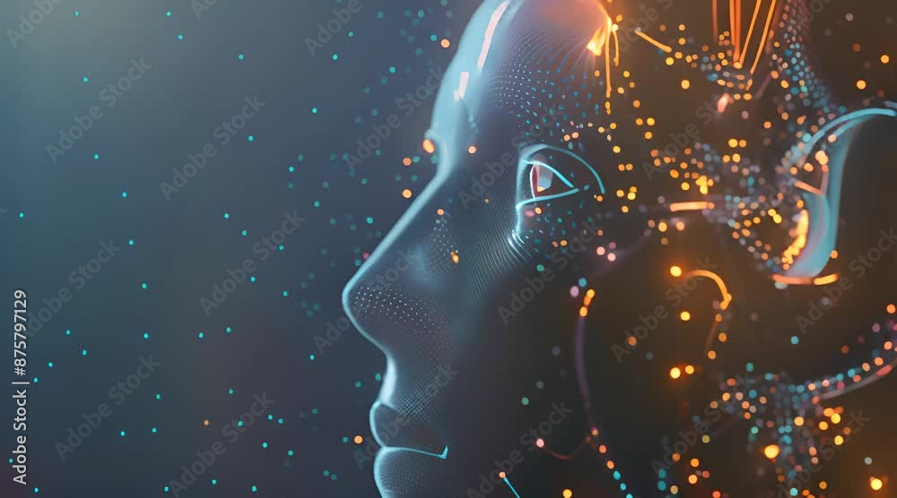 Future AI tech machine learning, face outline circuit board and binary ...