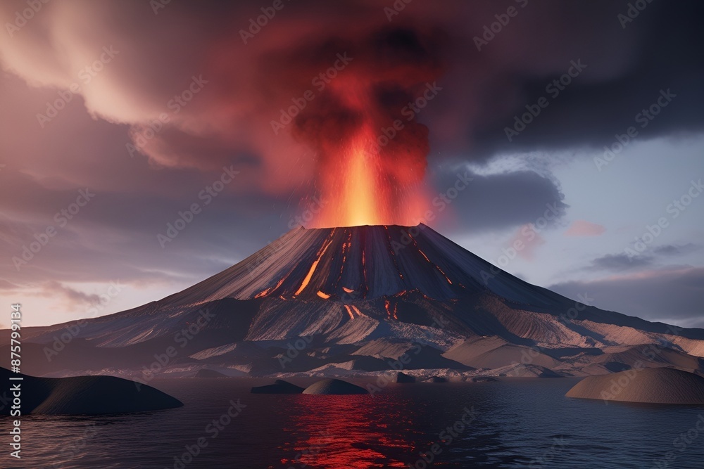 Massive Volcano Eruption. A large volcano erupting hot lava and gases ...