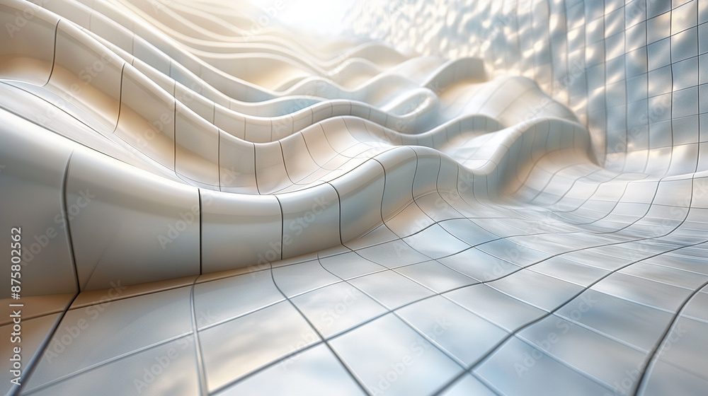 Background made of rectangular tiled wallpaper in white, convex and ...