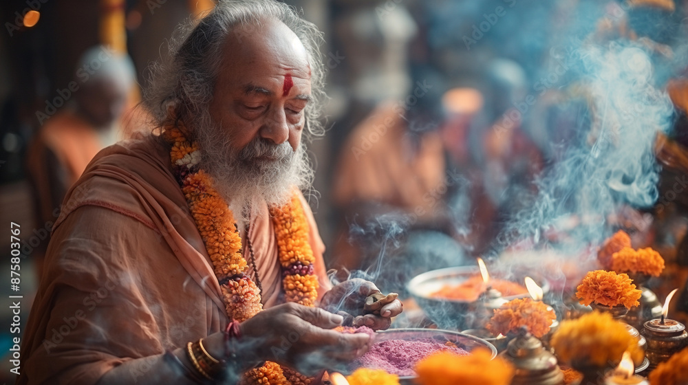 At a serene Hindu temple, a priest performs a puja ceremony, offering ...