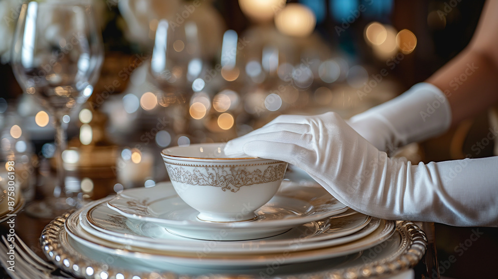 Hands wearing elegant white gloves, arranging the place settings for a ...