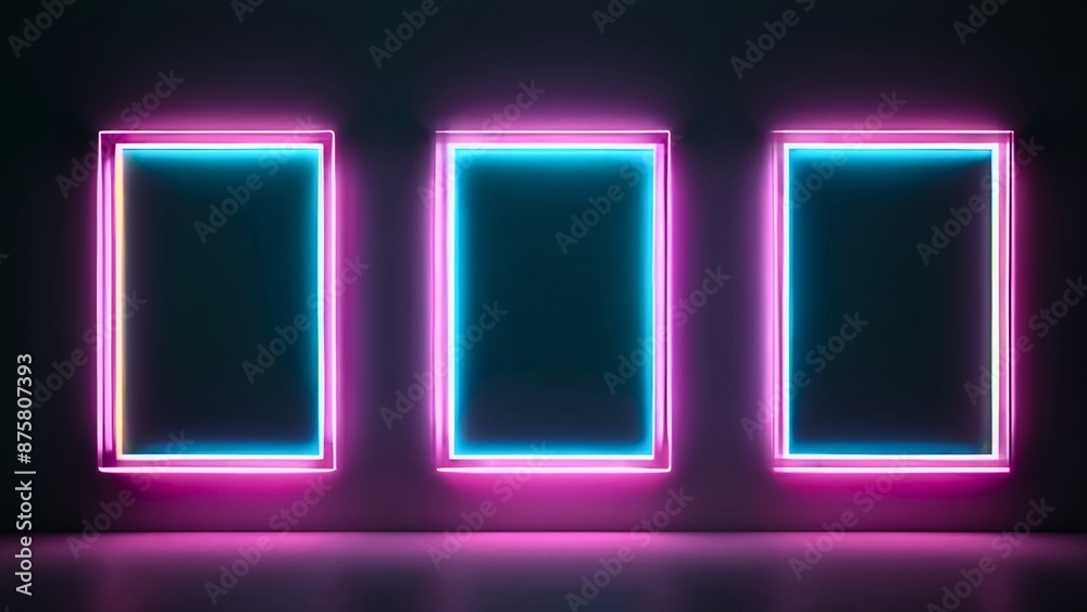 Glowing pink blue neon light frames on dark background. 3d rendering ...