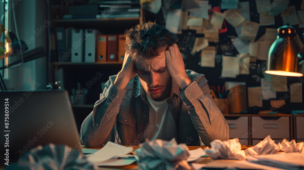 Messy office desk working man stressed frustration overwhelm burnout ...