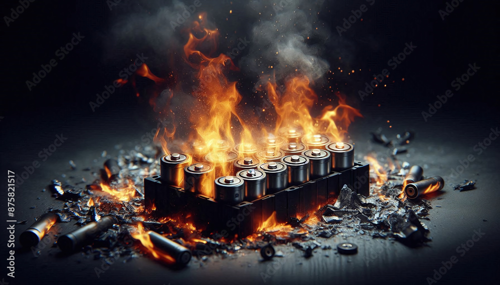 Lithium batteries on fire on dark background, Concept Lithium Battery ...