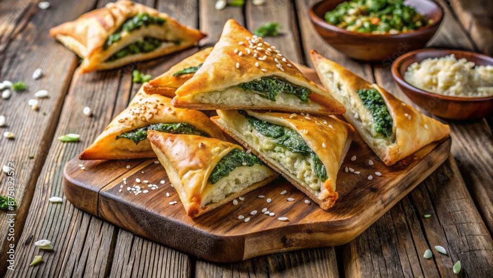 Golden-crusted traditional Greek pastry triangles overflowing with a ...