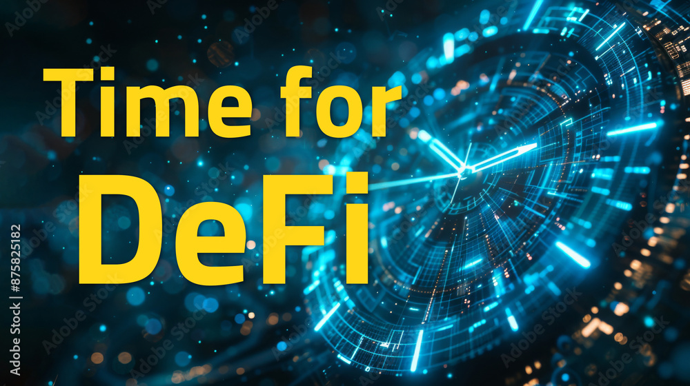 Time for DeFi text next to a futuristic neon clock on a dark background ...