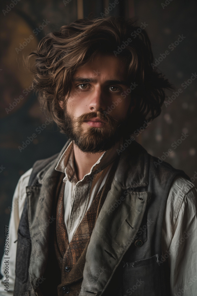 Man with tousled hair and a vintage outfit, showcasing a rugged and ...