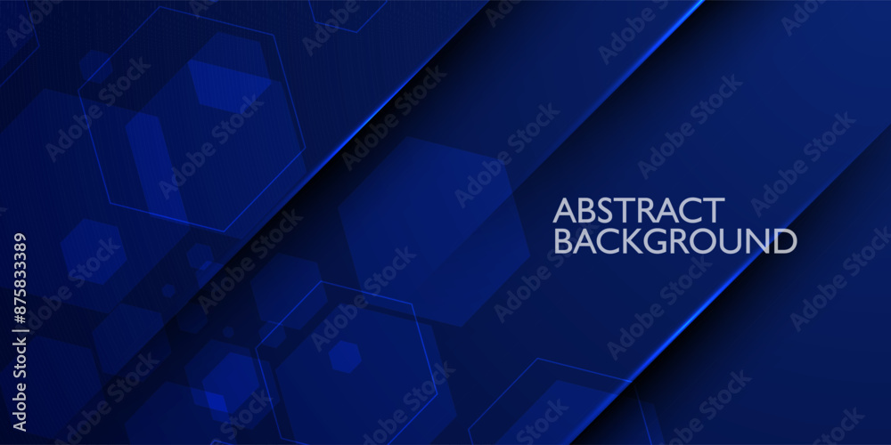 Dark blue dynamic gradient abstract background with shadow and light. Hexagonal pattern overlay ...