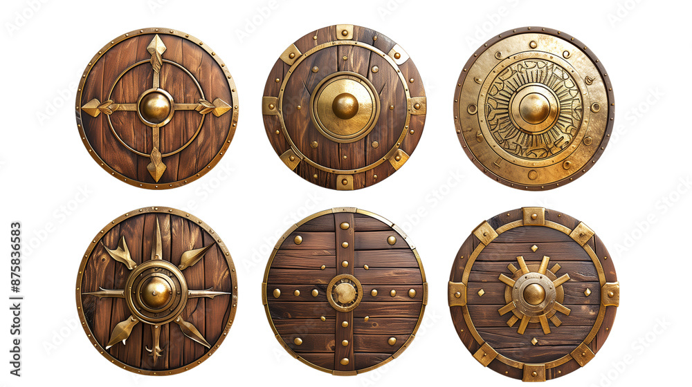 set of a six medieval round shields with gold and wood elements on a ...