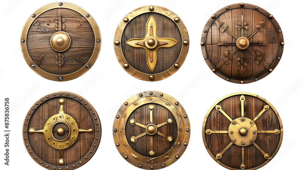 set of a six medieval round shields with gold and wood elements on a ...