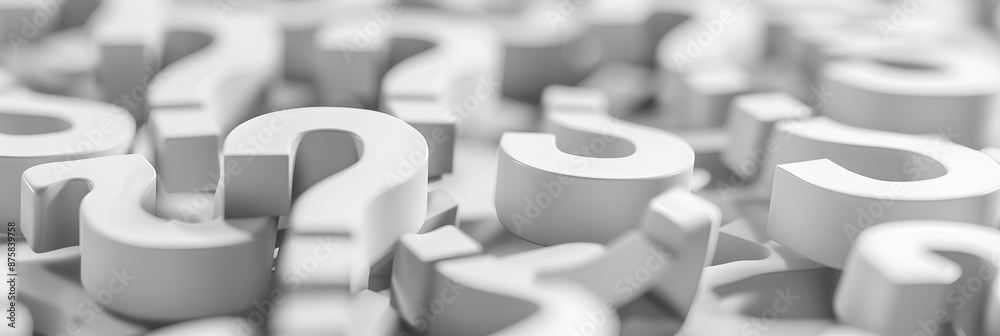 White background with many question marks, blurred background, banner ...