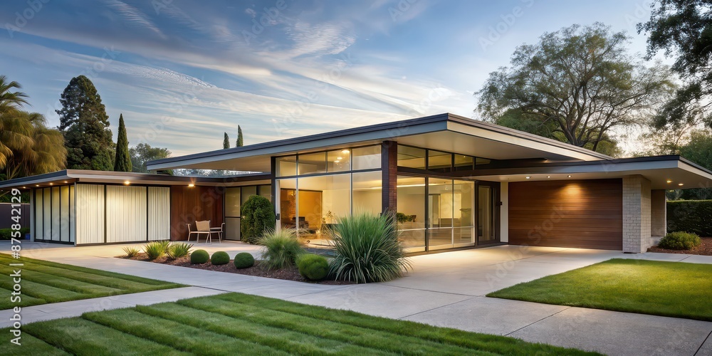of a midcentury modern home exterior with large windows and a flat roof ...
