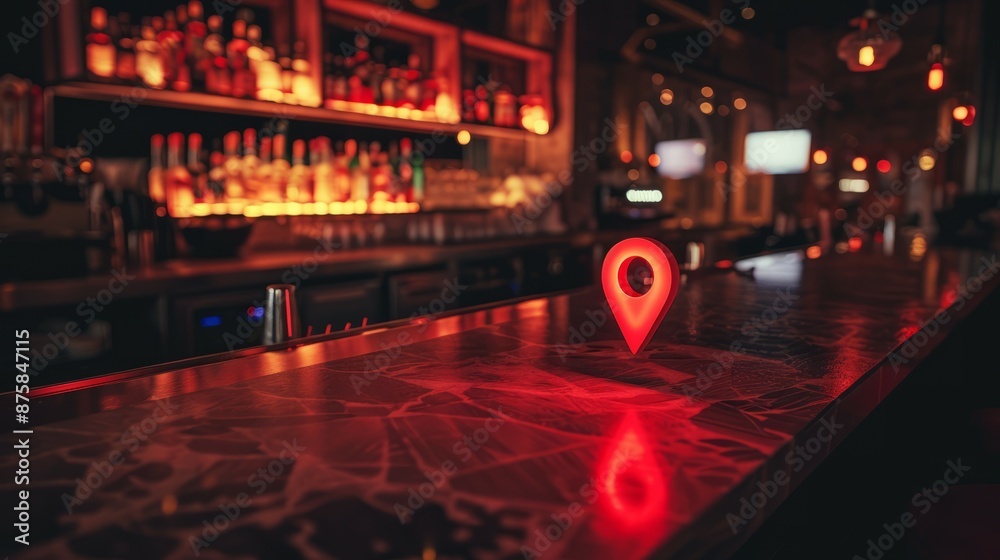 Bar counter with location pin. Red location pin on a bar counter with ...
