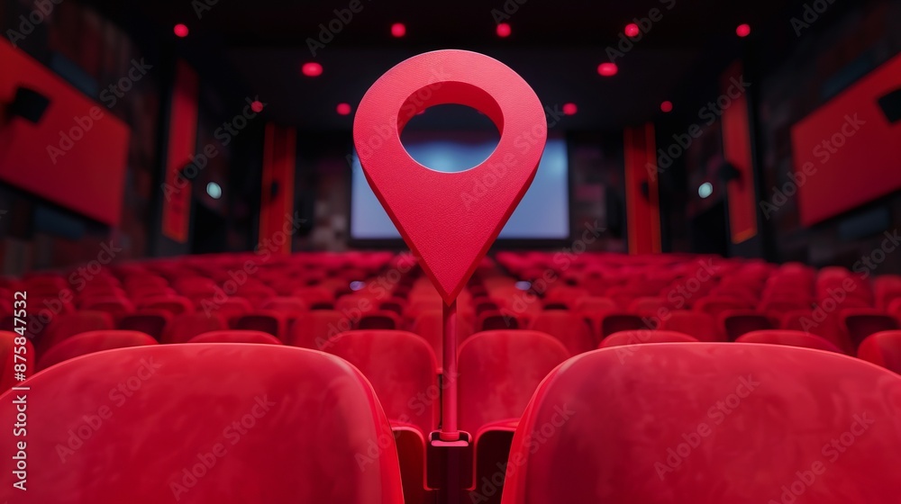 Movie theater location pin. Red location pin standing in an empty movie ...