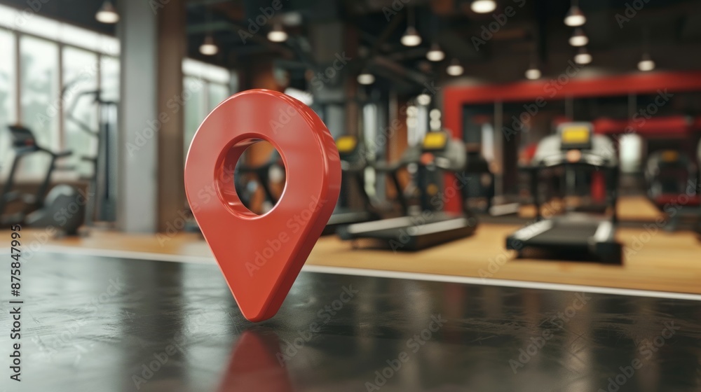 Gym location marker. Red location pin in front of a blurred gym ...