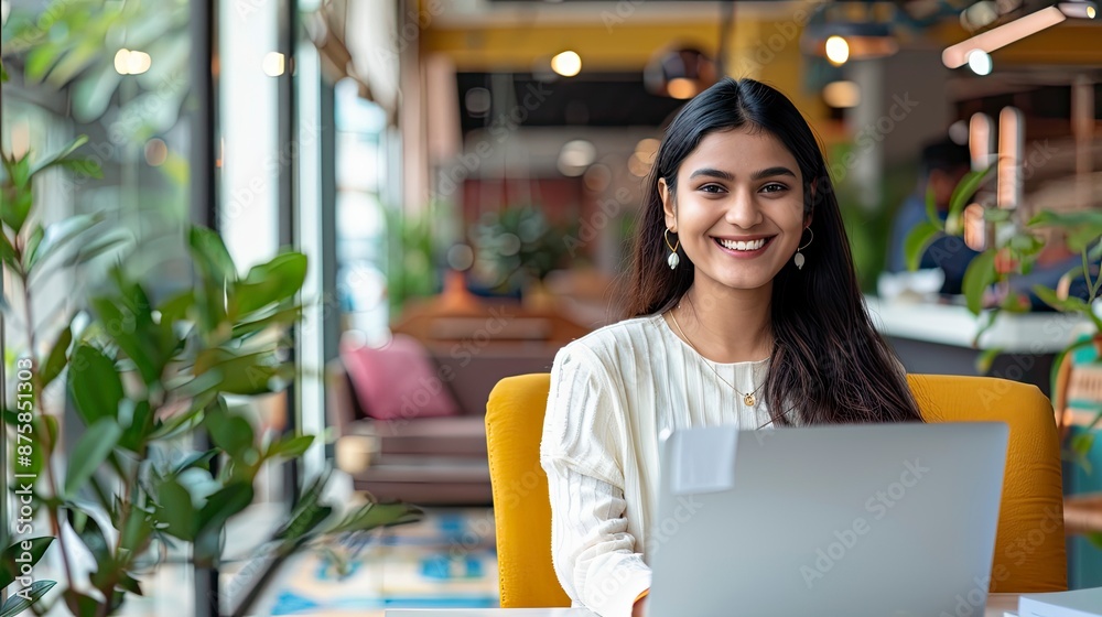 Smiling indian business woman working on laptop in modern office lobby ...