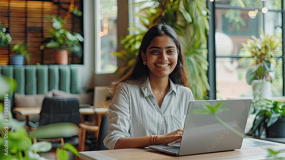 Smiling indian business woman working on laptop in modern office lobby ...