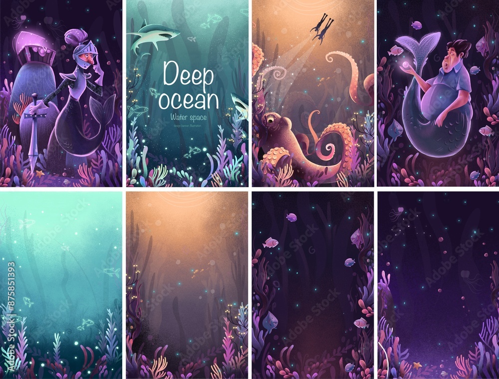 Underwater illustration of fictional sea creatures, shark, octopus and ...