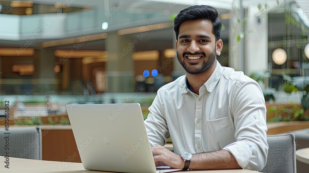 Smiling indian businessman working on laptop in modern office lobby ...