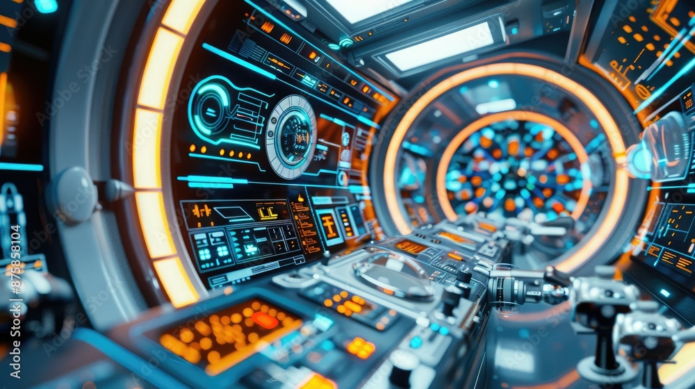 Futuristic spaceship cockpit with advanced control panels and vibrant displays, showcasing a ...