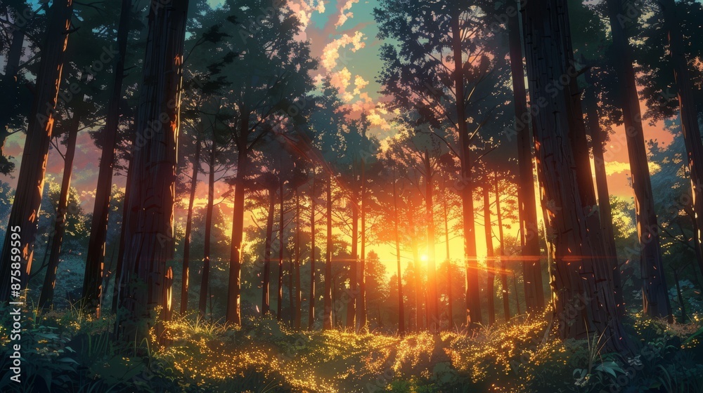 Anime-style illustration of a lush forest with sunlight streaming ...