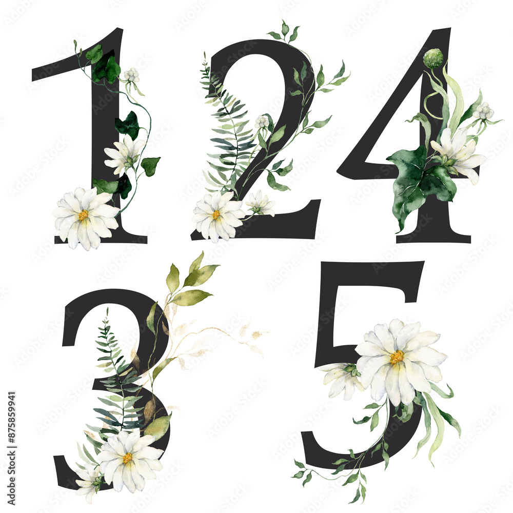 Watercolor Floral Numbers Set featuring 1, 2, 3, 4 and 5. Hand-drawn ...