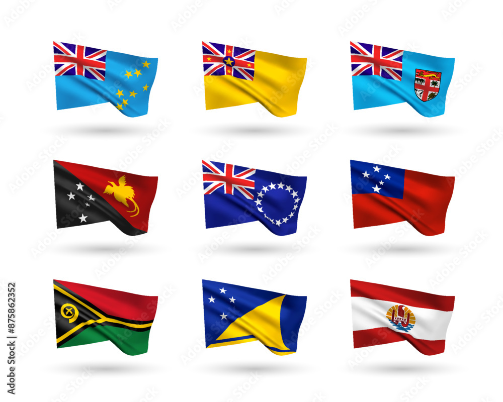 A set of 9 vector flag icons of Pacific islands countries, isolated on ...