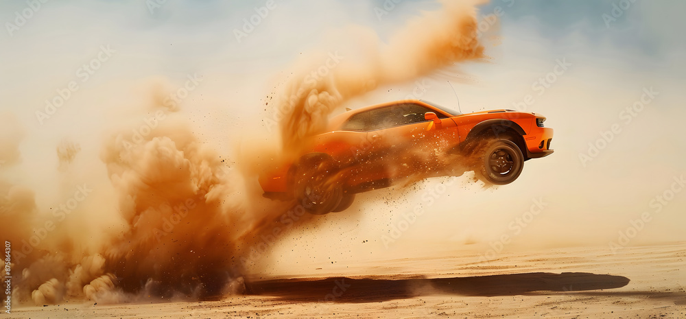 Seventies-style car stunt or car jump. A normal sedan-type stock car ...