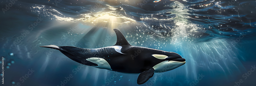 killer whale or Orcinus orca swimming underwater under sea life with ...