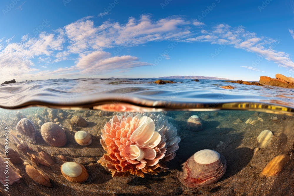 Ocean gems - seashells and starfish and colored corals on the beach ...
