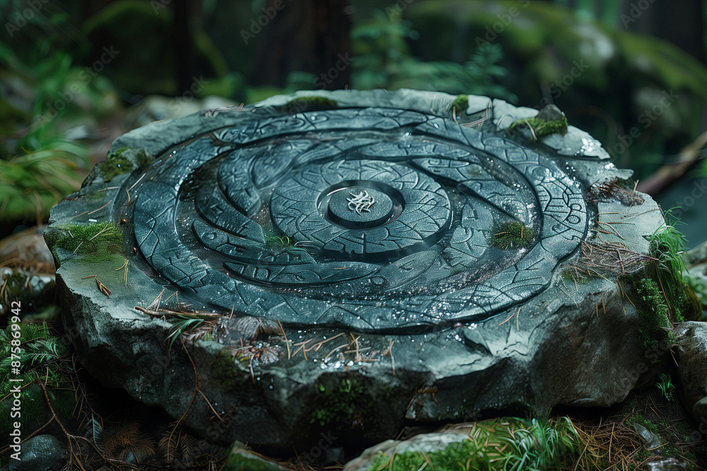 Ancient Stone with Mystical Inscriptions in Forest. A moss-covered ...