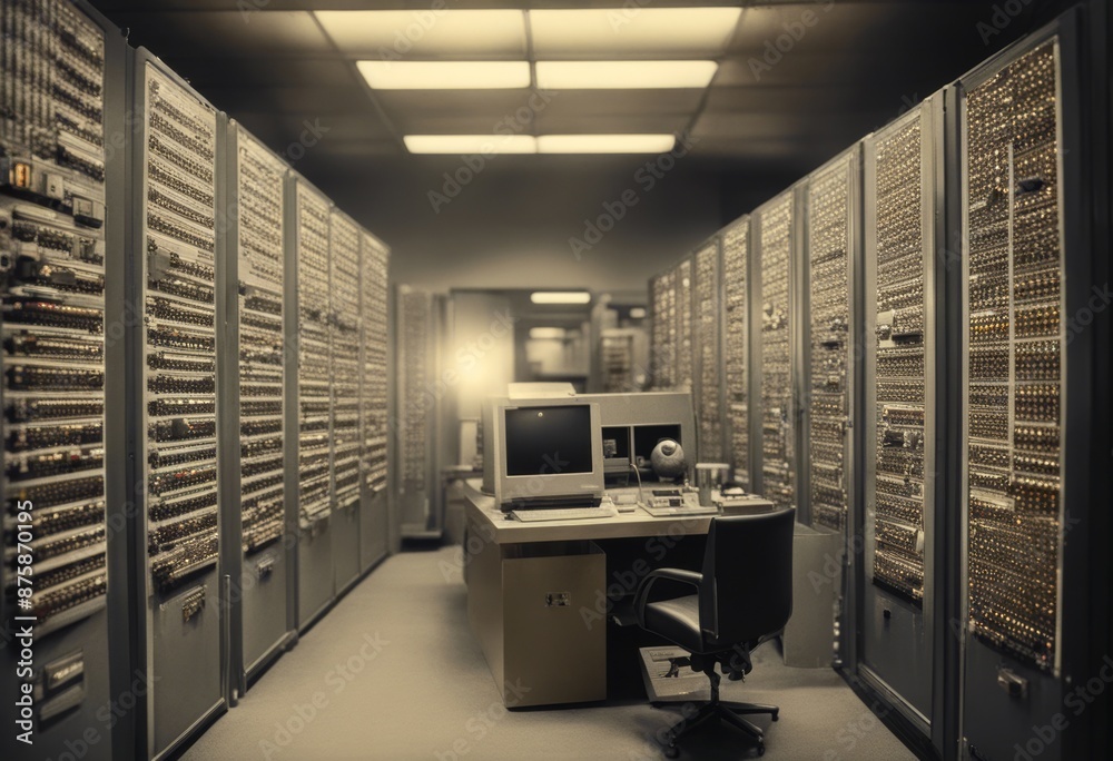 poster illustration glasses dog vintage computer room mainframe machine ...