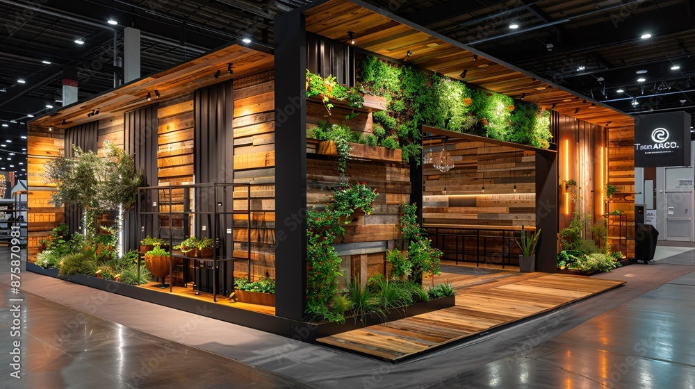 Event signage on wooden backdrops at a trade show booth, blending ...