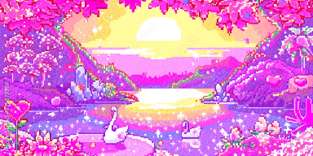 8-bit pixel art depicting a magical fantasy land with crystals, hearts ...