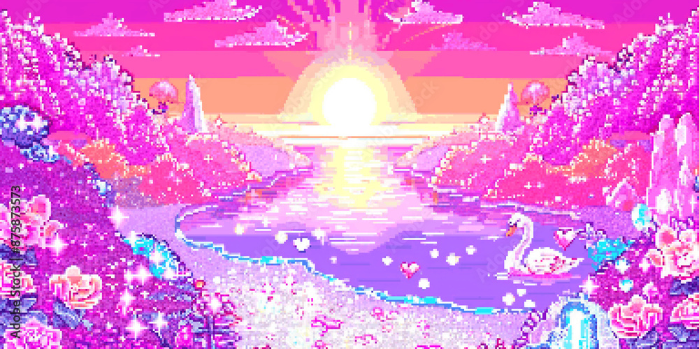 8-bit pixel art depicting a magical fantasy land with crystals, hearts ...