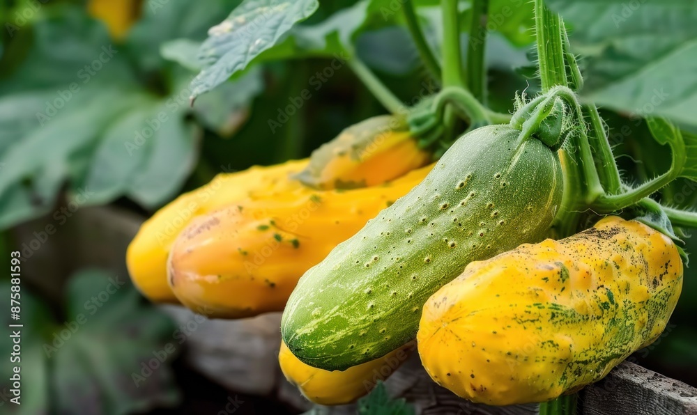 Nature photograph of overripe cucumbers getting yellow in an organic ...