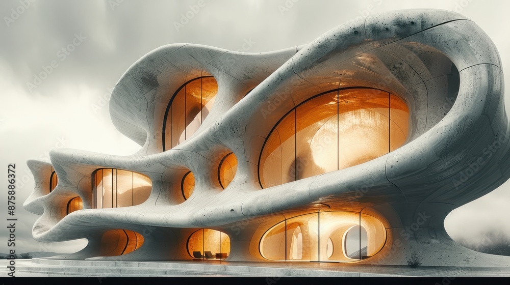 Futuristic building with organic curved architecture, large glass ...
