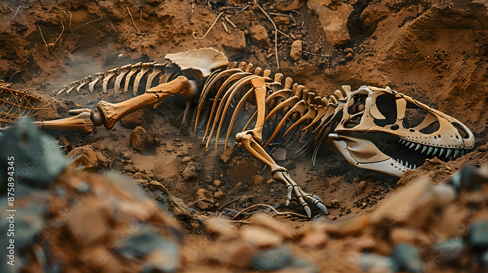 Unearthing a dinosaur skeleton in an excavation site, showcasing ...